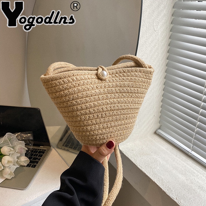 Yogodlns Summer Bohemia Straw Bucket Bags for Women Rattan Braided ...