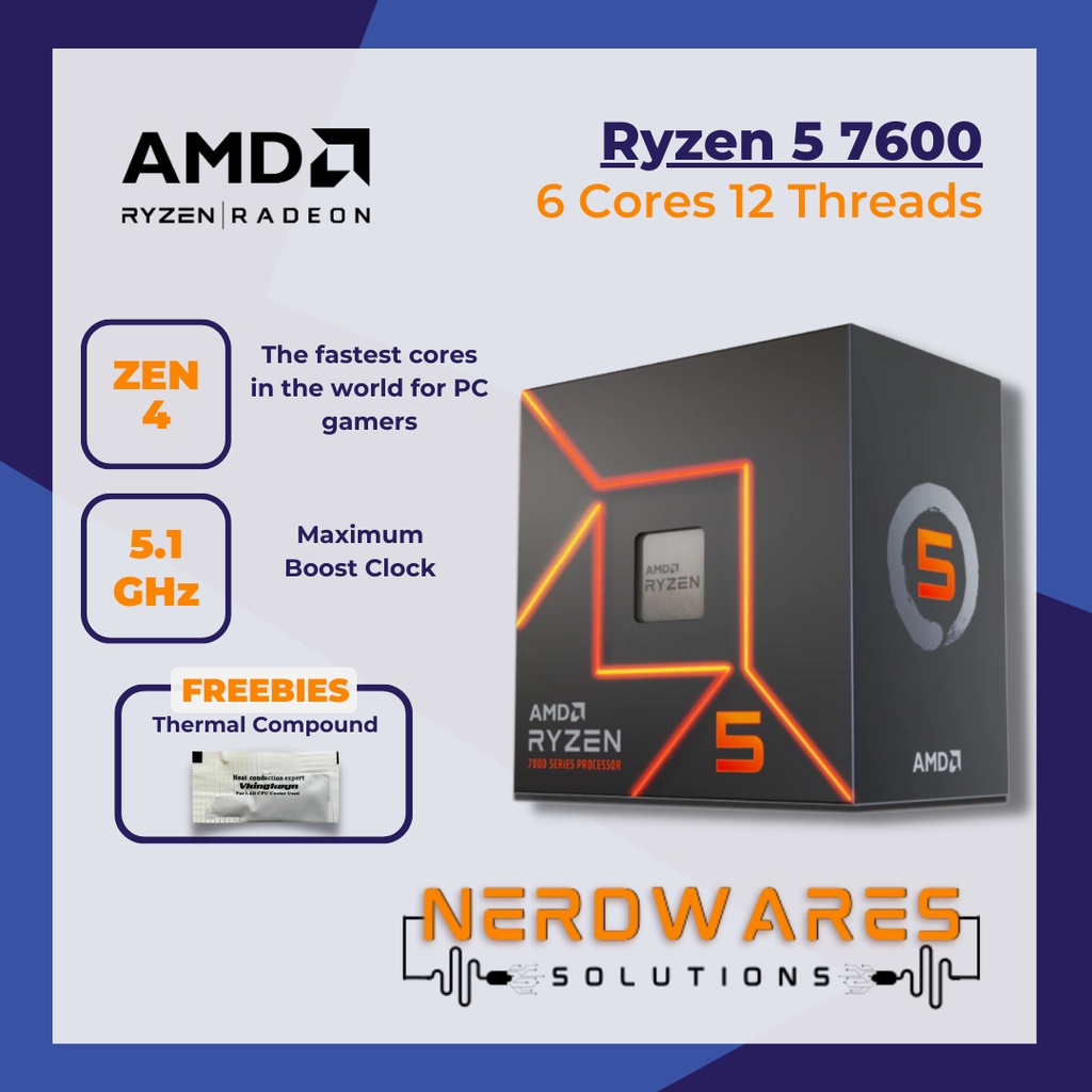 AMD Ryzen 5 7600 7600X 6 Cores 12 Threads with Radeon Vega Graphics ...