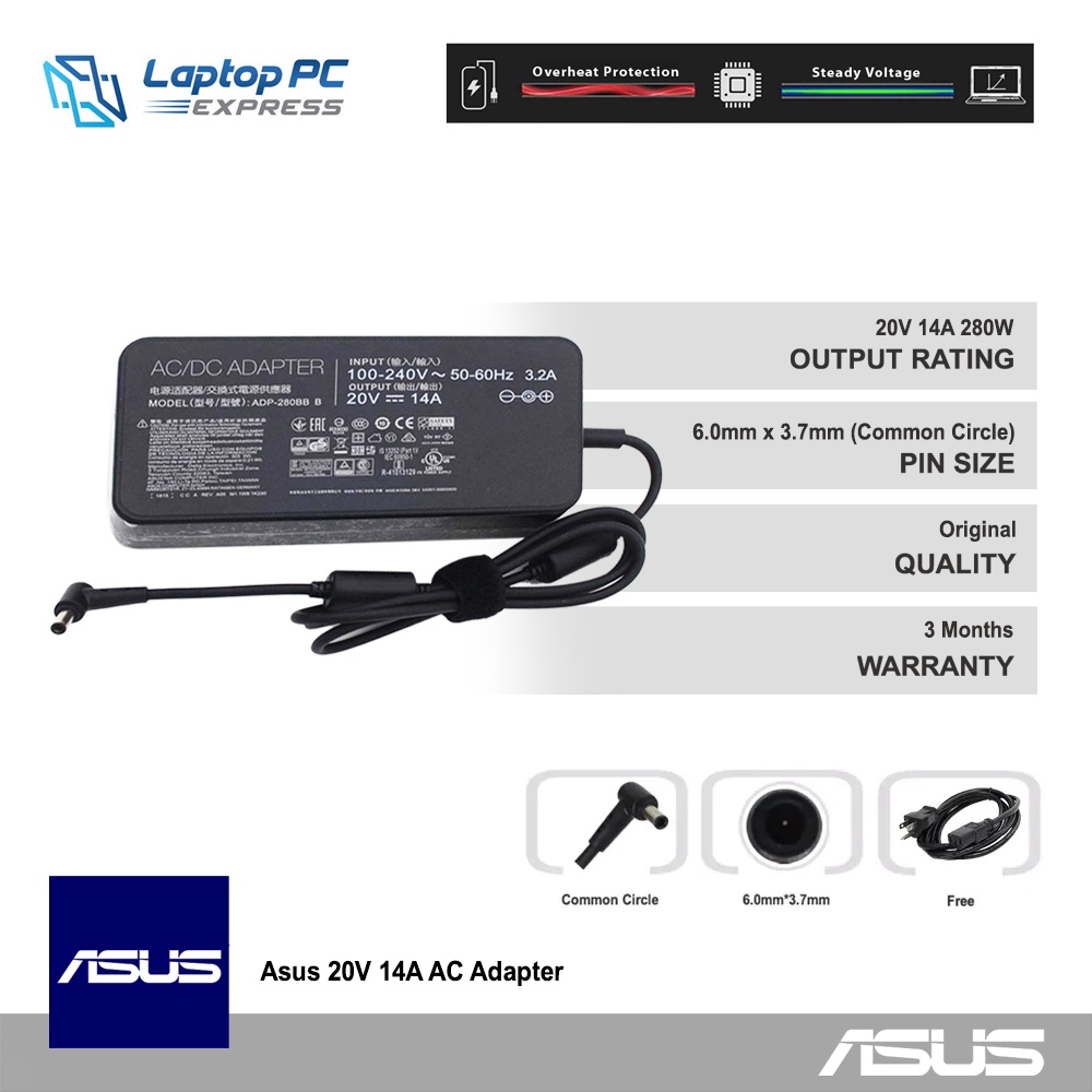 Asus 20V 14A 280W Common Circle 6.0mm x 3.7mm Slim Type Laptop Charger ...
