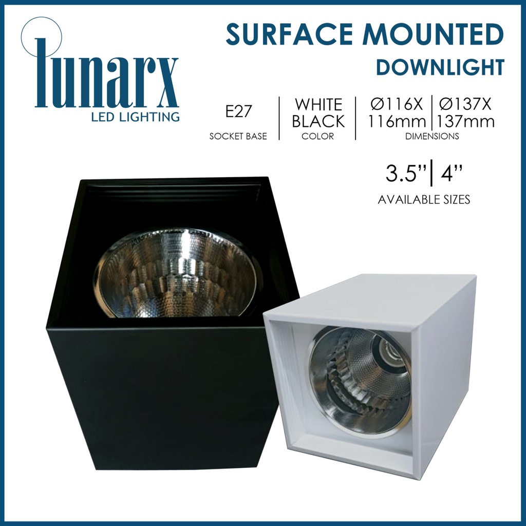Lunarx Surface Mounted Downlight Square | 3.5 " and 4" Black/White ...