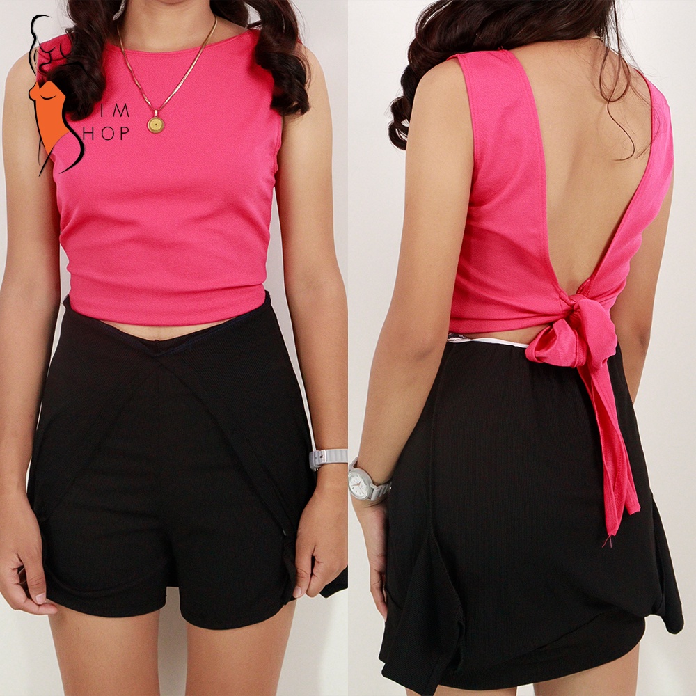 SS Reyna Backtie Backless Open Crop Top Ribbon Tie Crepe | Shopee ...