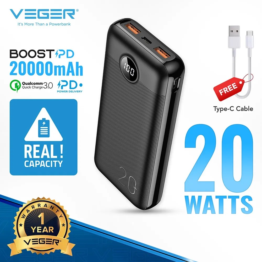 VEGER W2039PD 20000mAh Power Bank: PD QC3.0 Fast Charge
