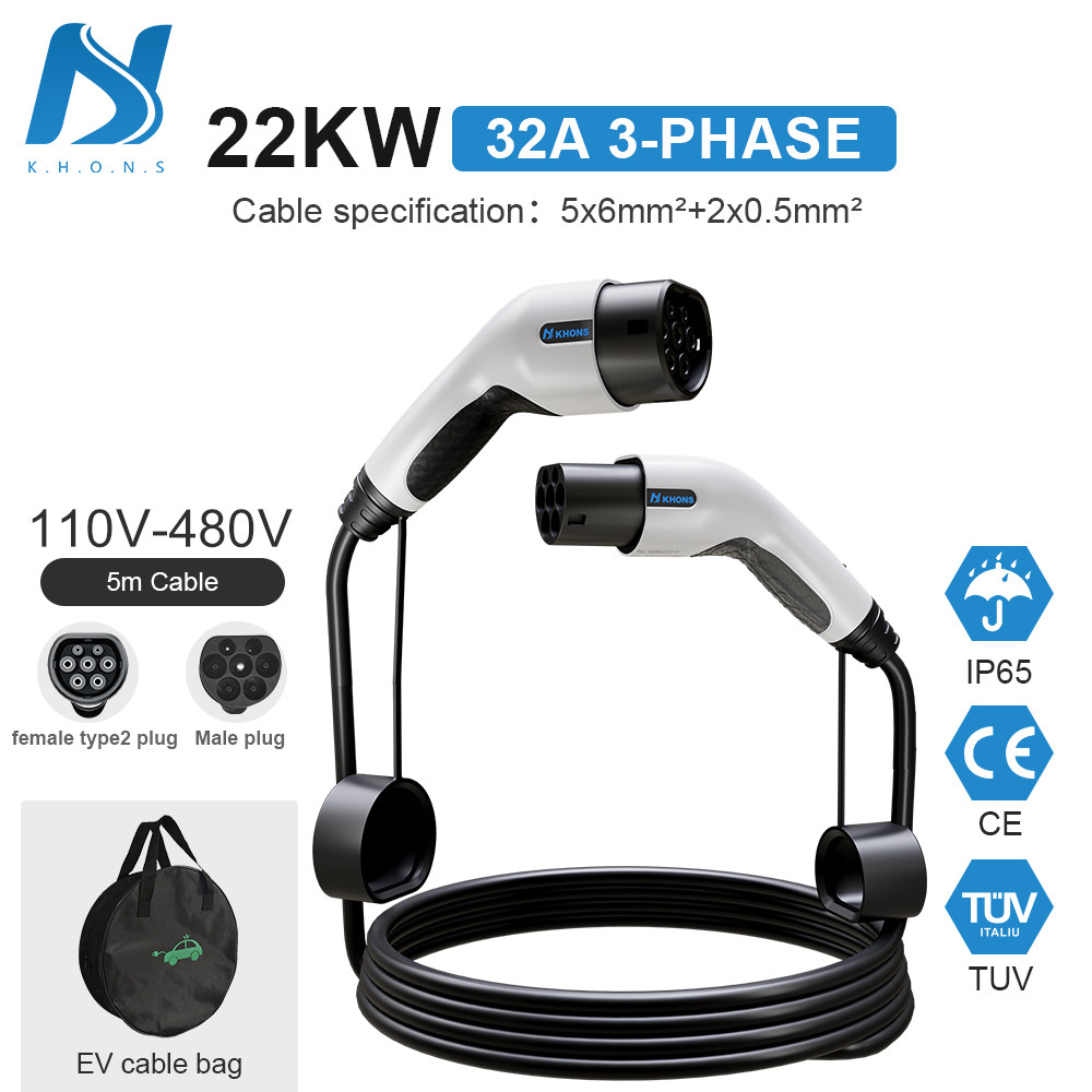 Khons EV Charging Cable Type2 16A 11kw Female To Male Plug Cable 5m ...
