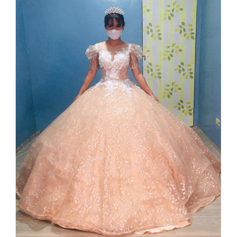 J29 Peach puff sleeve gittery ballgown | debut gown | Shopee Philippines