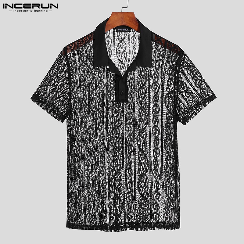 INCERUN Mens Short Sleeve Sheer Mesh Lace Floral Casual Party Polo ...