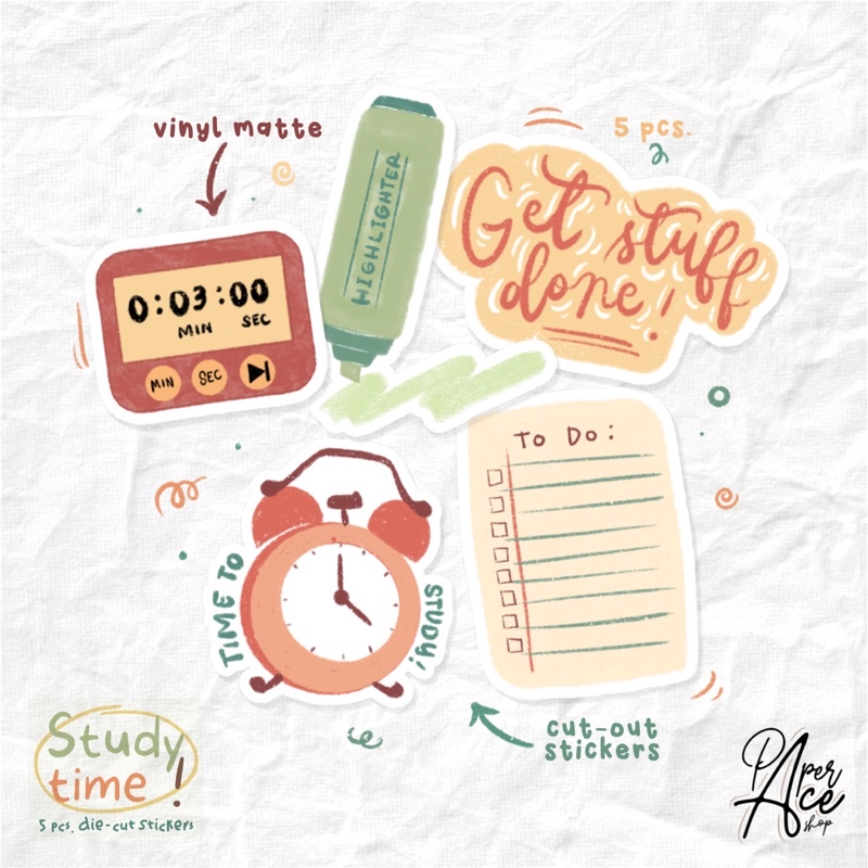 5 pcs. hand drawn stickers Study time study stickers| PaperAce | Shopee ...