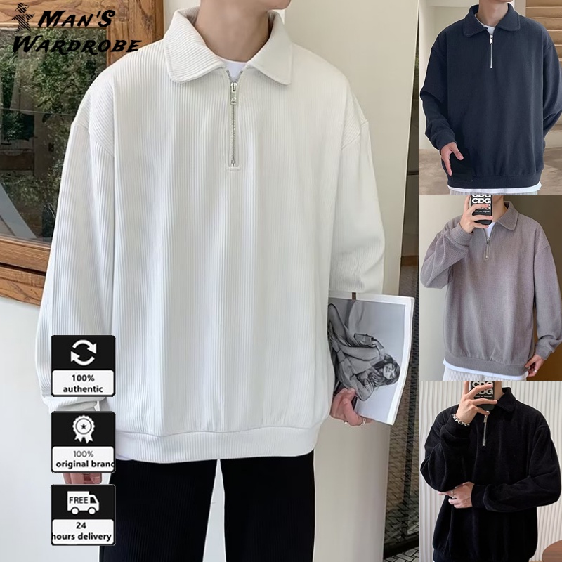 【4 Color】Zipper Design Long Sleeve Korean Polo For Men High Quality ...