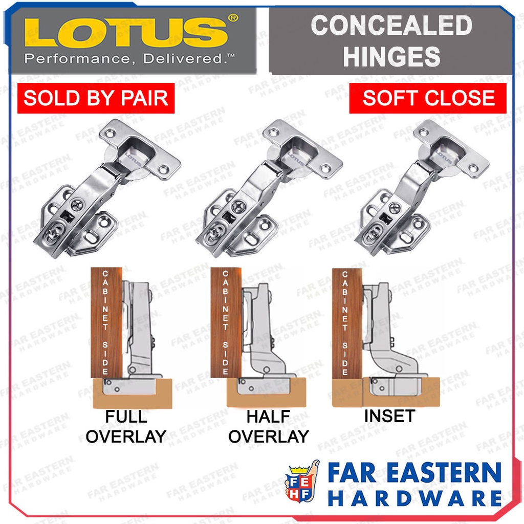 LOTUS Concealed Hinges Soft Close Hydraulic Full Overlay | Half Overlay ...
