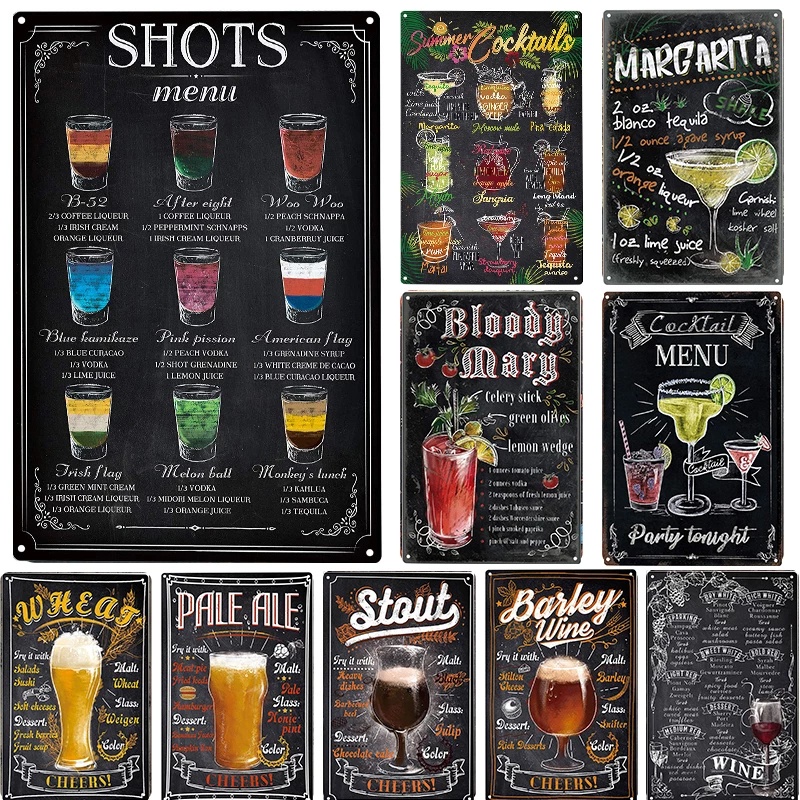 Frameless Bar Shots Beer Cocktail Menu Retro canvas painting Poster Pub ...