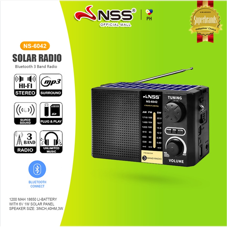 NSS Solar Radio Bluetooth Radio with 3 BAND FM/AM/SW USB/TF PLAYER NS ...