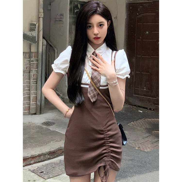 Puff Sleeve Dress Summer New Style Sweet Preppy Fake Two-Piece Polo ...