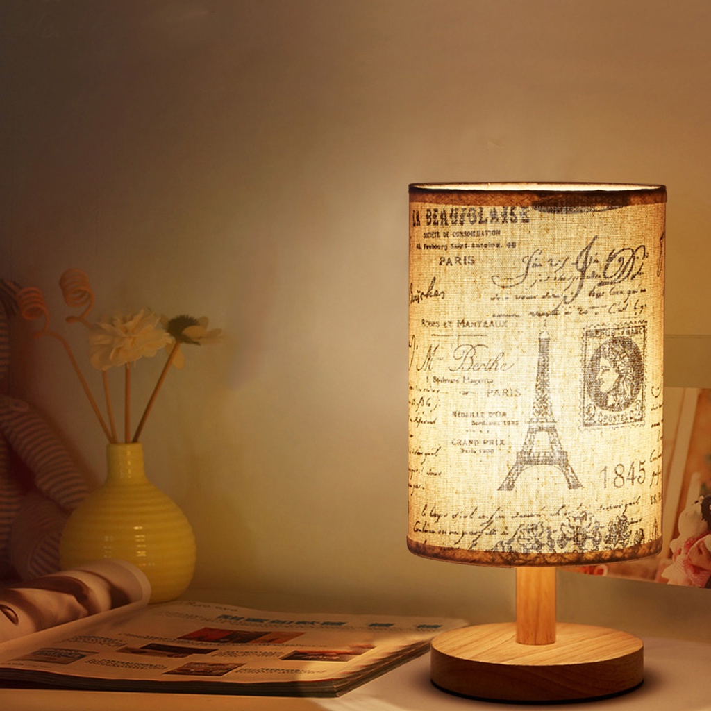 ESAER Wooden Desk Lamp Fabric Art Can Wood Table Lamp Night-Light ...