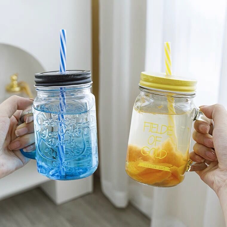 500ml Colored Mason Jar With Reusable Straw Bottle Glass Mug Emboss ...