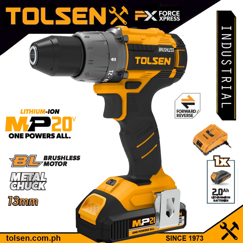 Tolsen LI-ION Brushless Cordless Drill w/ Battery & Bag 13mm Metal Chuck (20V Battery) 87252 ...