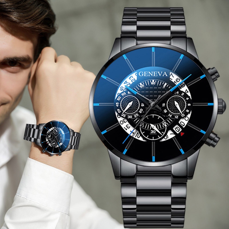 GENEVA Mens Fashion Quartz Watch Stainless Steel Calendar Men Business ...