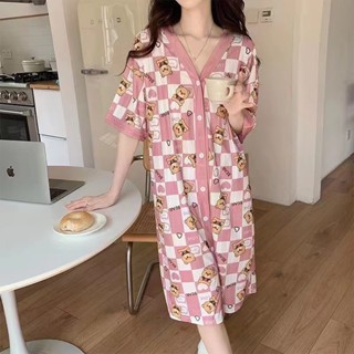Korean style Daster cotton V-neck cardigan fashionable nightgown ...