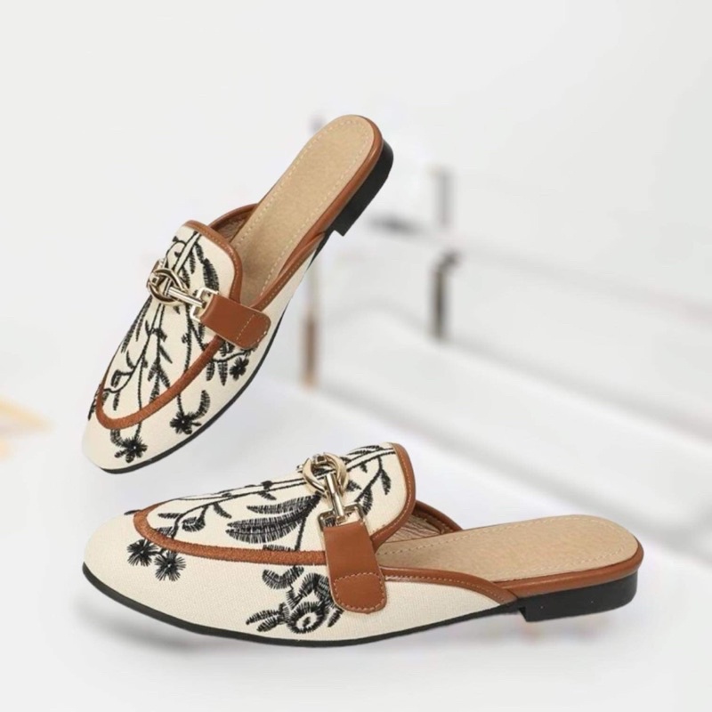 AMAIA Floral Embroidered Decor Contrast Binding Flat Mules | Shopee Philippines