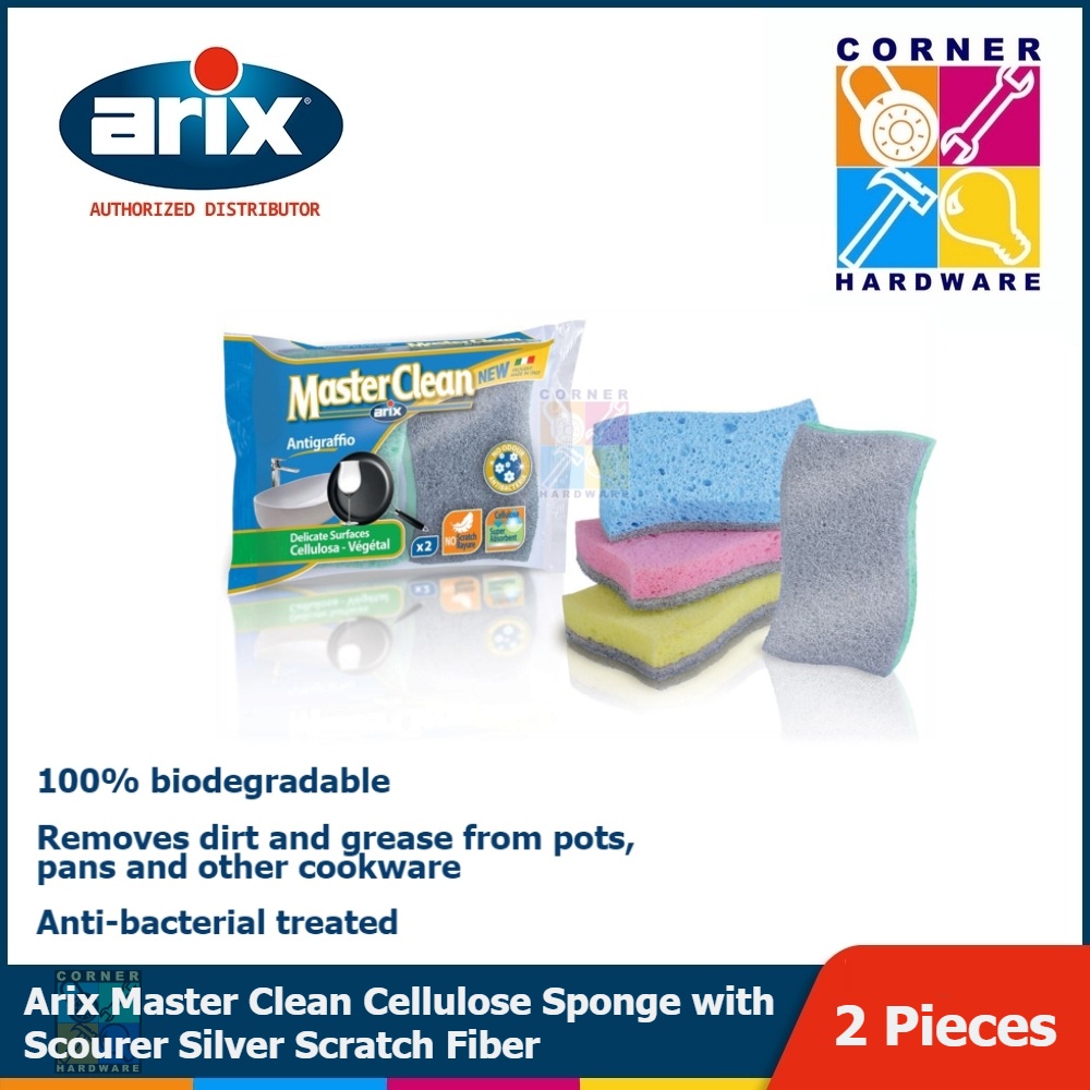 ARIX Master Clean Cellulose Sponge with Scourer Silver Scratch Fiber 2 ...