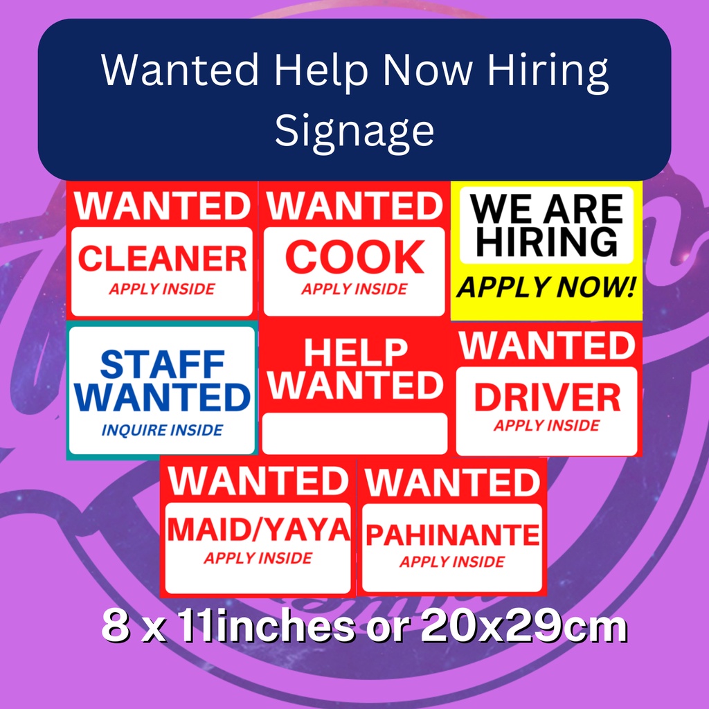 Help Wanted Now Hiring Maid Yaya Driver Cook Hiring A4 Size PVC Plastic ...