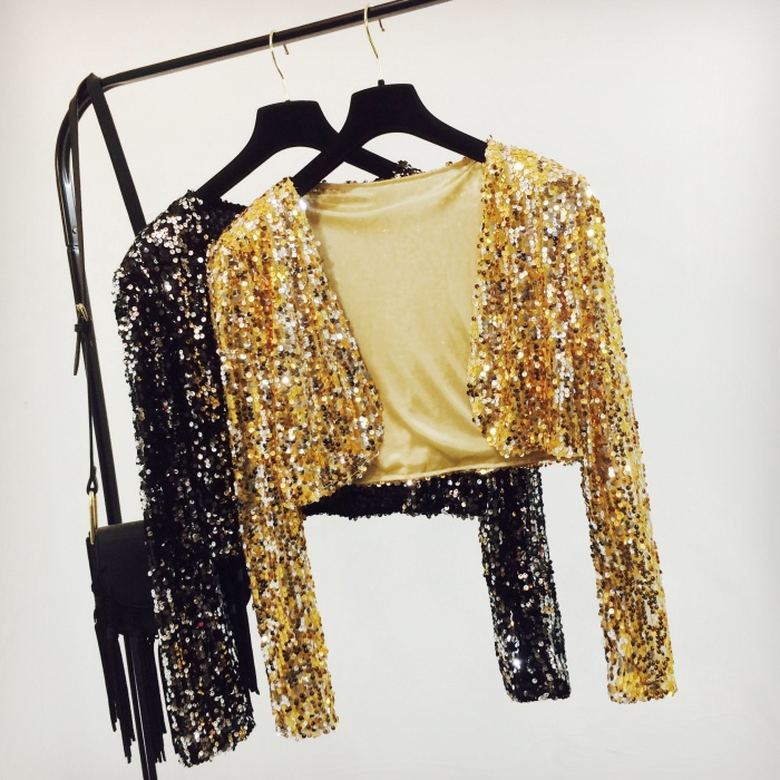 Sequins Patch Jacket Women Spring Long Sleeve Gold Silver Shiny Crop ...