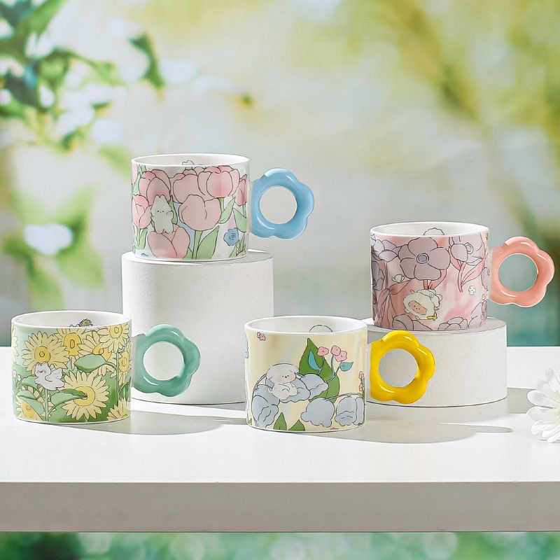 Floral Tulips Korean Cute Vintage Ceramic Coffee Mug Cup with Handle ...