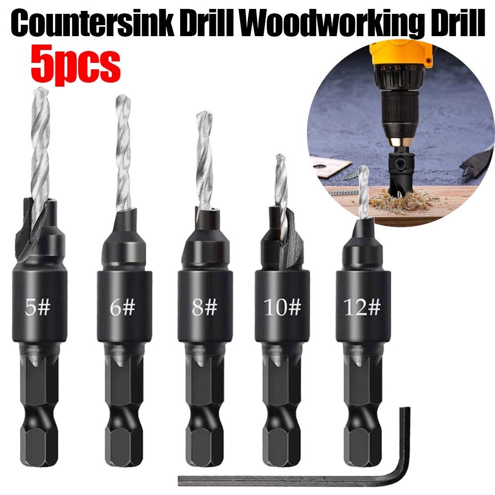 5PCS HSS Drill Bit Countersink Wood Drill Bit Set Cordless Step Drill ...