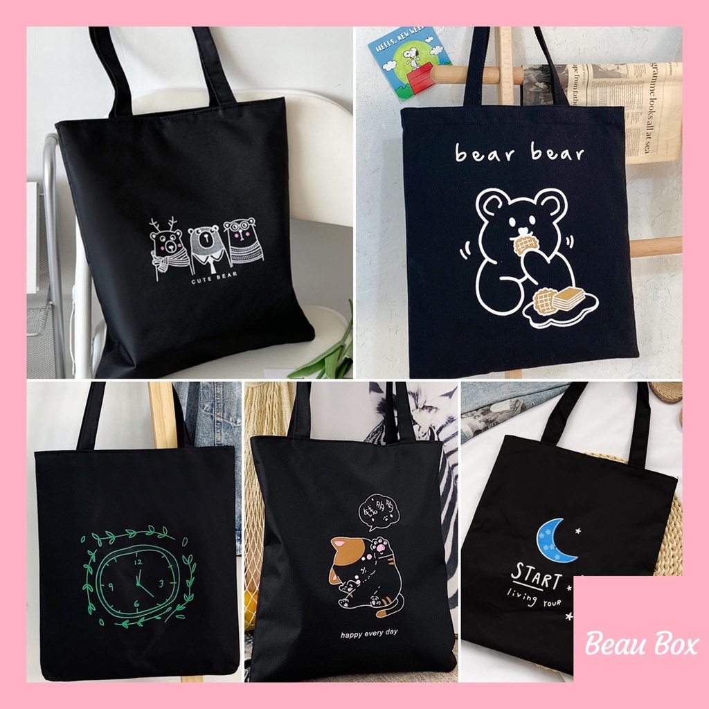 BEAUBOX Korean style black tote bag cute bear cat kitten moon clock ...