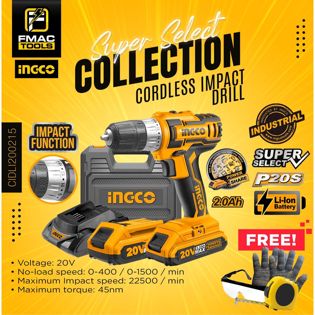 INGCO SUPER SELECT Lithium-Ion Cordless Impact Drill 20V CIDLI200215 ...