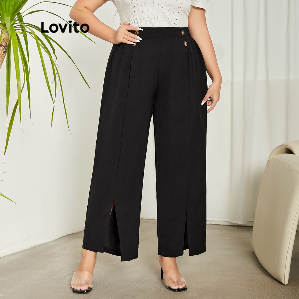 Lovito Plus Size Curve Elegant Plain Button Split Front Pants Lps03073 Black Shopee Philippines