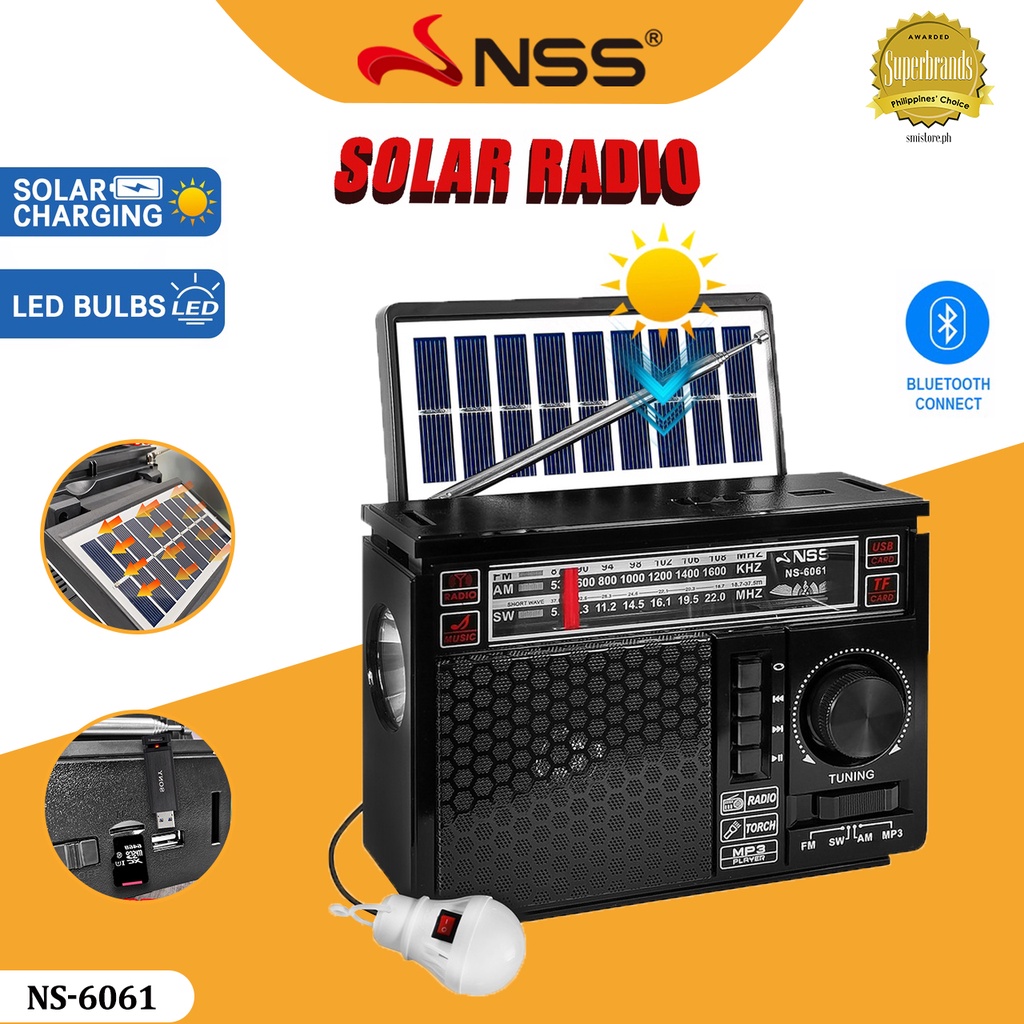 NSS Solar Radio Portable Bluetooth Rechargeable Radio With 3 BAND FM/AM/SW USB And TF MUSIC ...