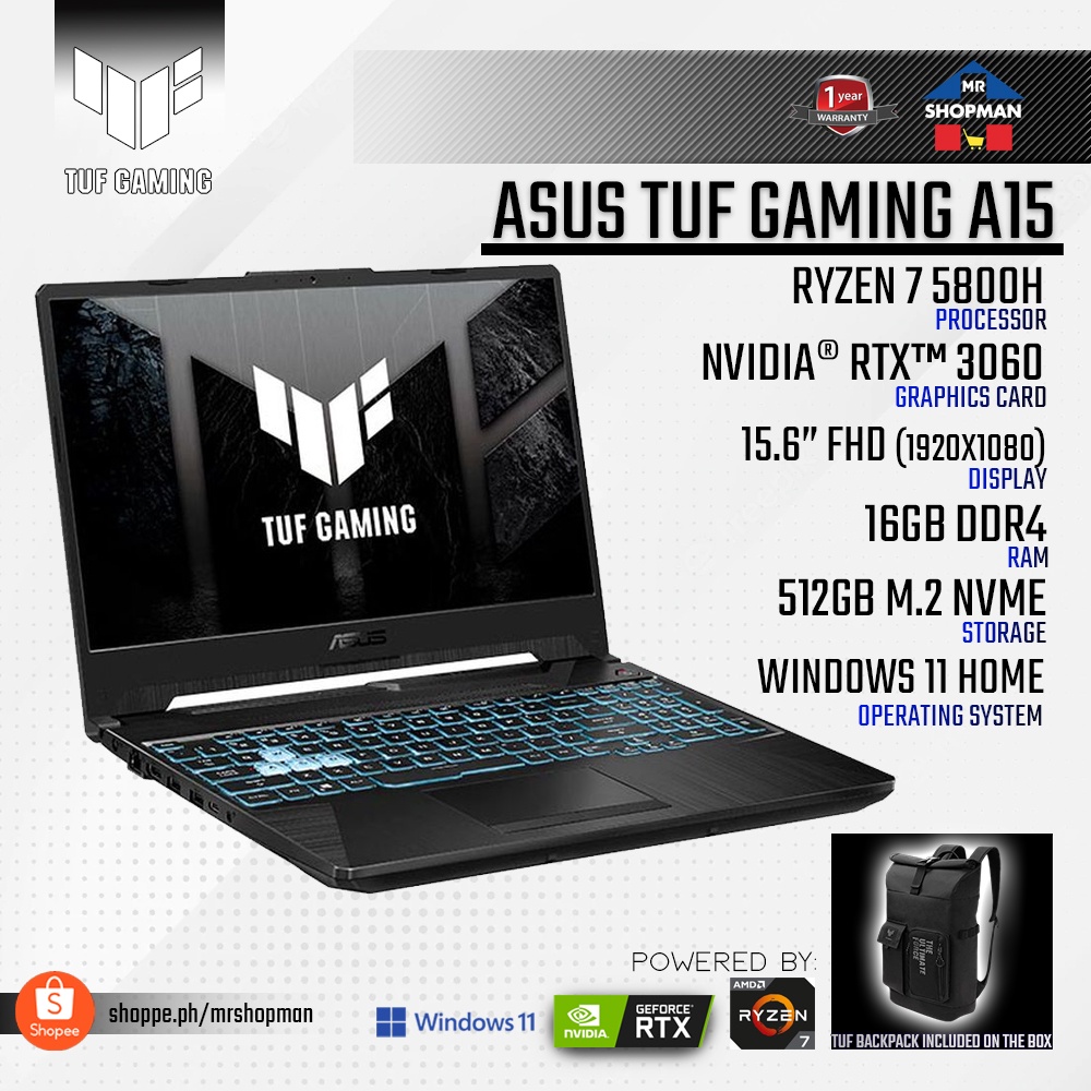Asus TUF Gaming A15 Ryzen 7 5800H | RTX 3060 | 16GB RAM | 512GB SSD FA506QM-HN076W Gaming Laptop ...