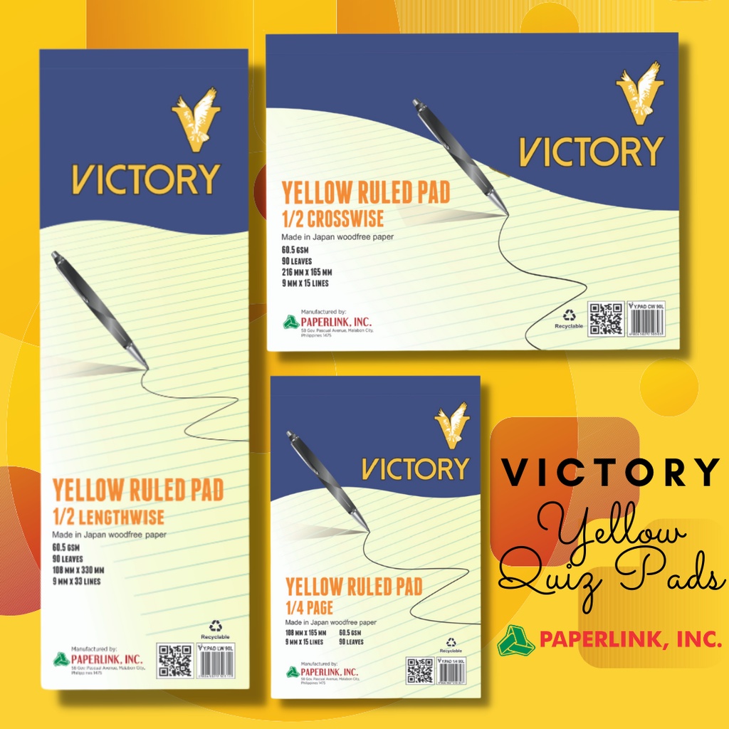 Victory Yellow Ruled Quiz Pad 60.5gsm 90Leaves (Sold Per Pad) | Shopee ...