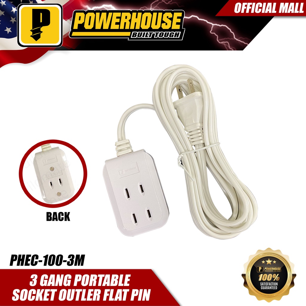 POWERHOUSE Electric Extension Cord 3 gang Portable Socket Outlet Flat Pin PHEC-100-3M PHE ...