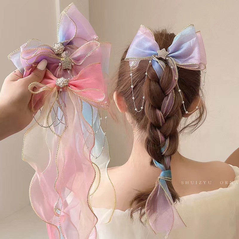 Mermaid Hair Tie Big Bowknot Hair Pins Mesh Braided Ribbon Hair ...