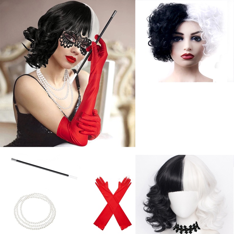 Anime Cruella De Vil Cosplay Wig Props Cruly Half Black and Half White ...