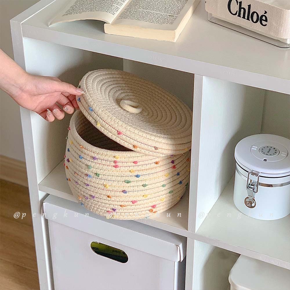 Woven Storage Basket Colorful Polka Dot Desktop With Lid Cotton Thread ...