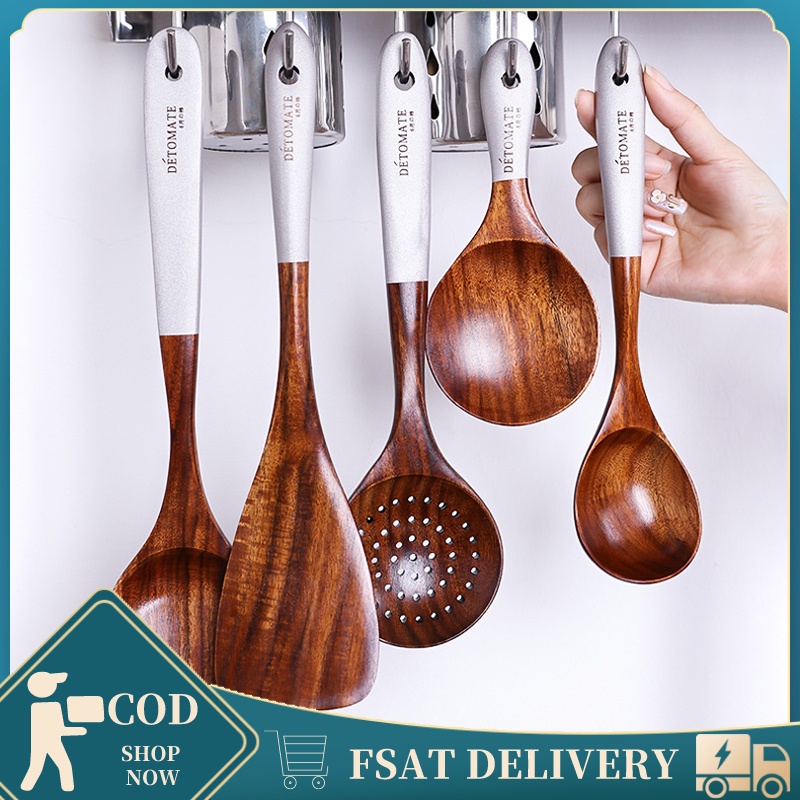 Wooden Utensils Set of 5, Large Cooking Utensil for Non Stick Cookware ...