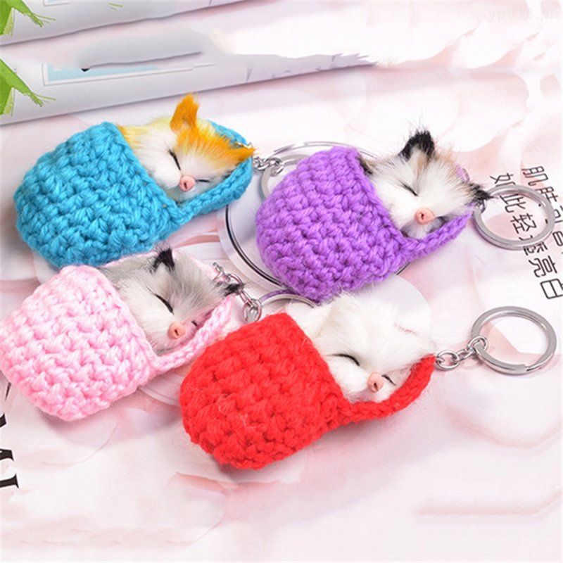 Kitten Pompom Keychain Fluffy Keyfob Sleeping Cat Keyring Knitted ...