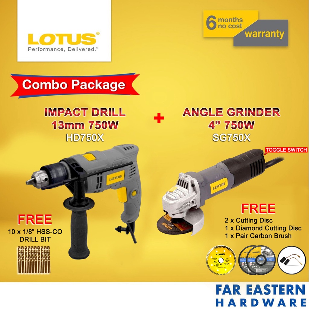 LOTUS COMBO Impact Hammer Drill 13mm HD750X + Grinder SG750X Toggle ...