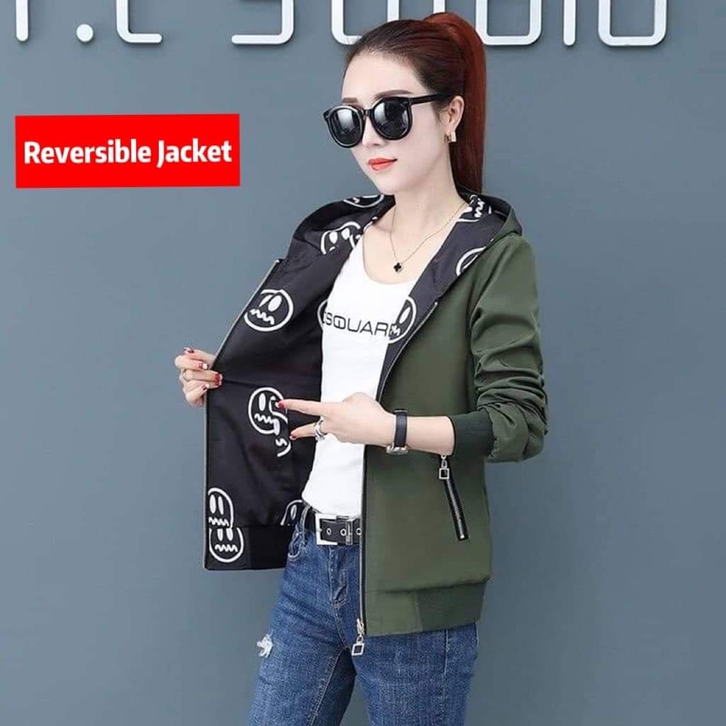 Women Casual Windbreaker Jacket/Fashion Plain Reversible Bomber Jacket ...