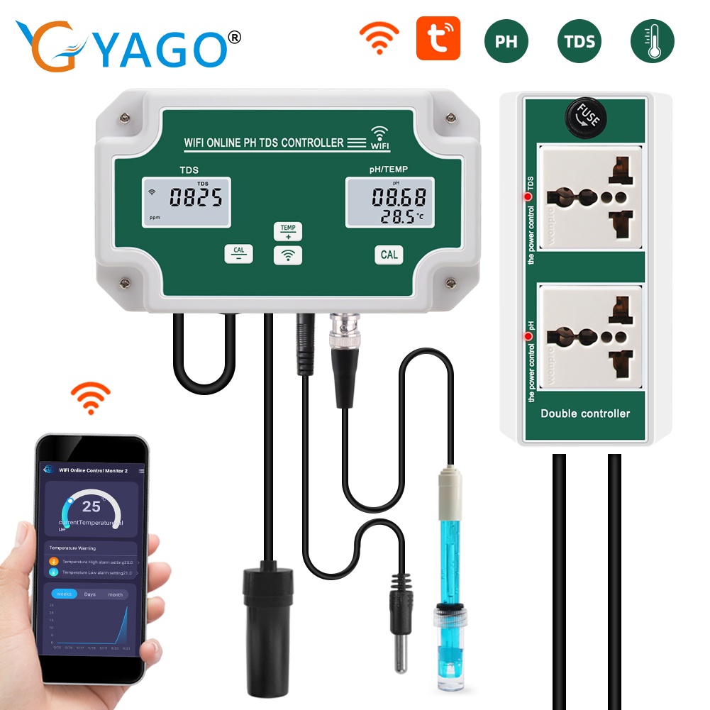 YAGO WiFi Tuya pH Monitor, 3 in 1 pH TDS Temperature 24 Hours ...