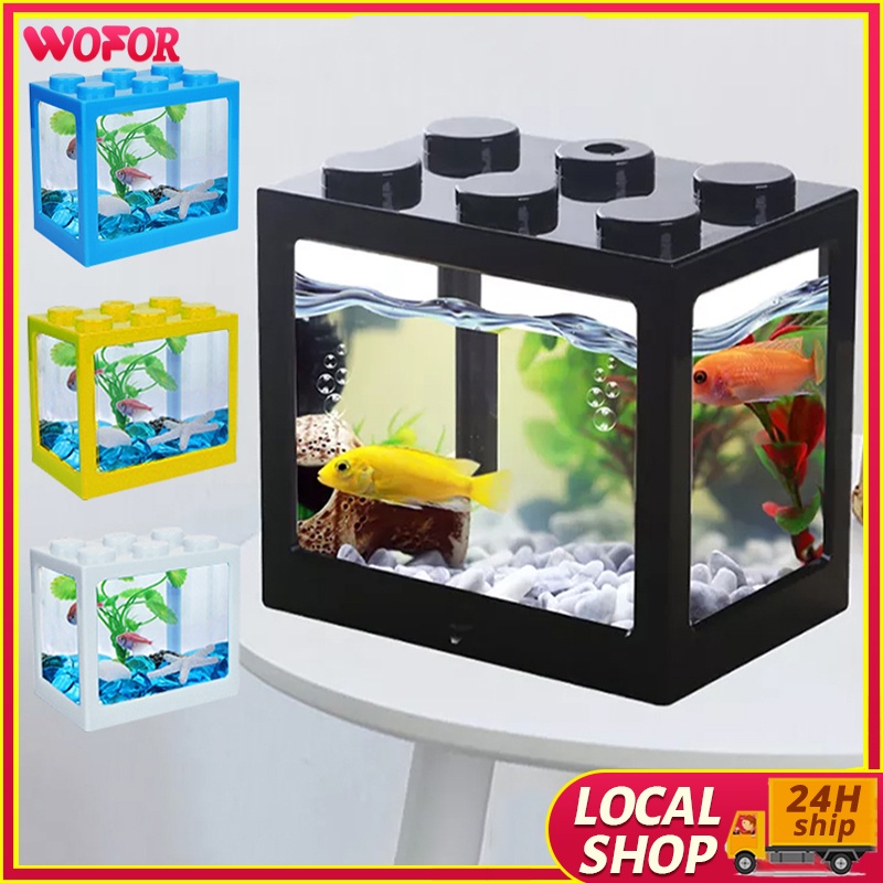 Mini Aquarium Block Tank Desktop Betta Guppy Fish Tank Building Block ...