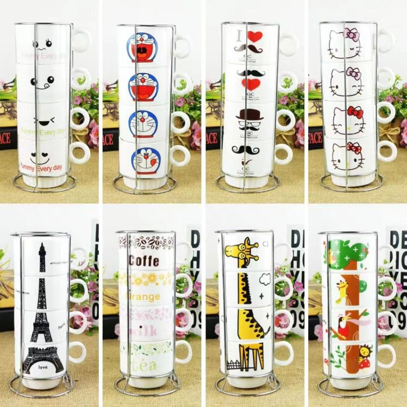 ceramic cup set water cup jenga cup coffee cup with iron rack milk mug ...