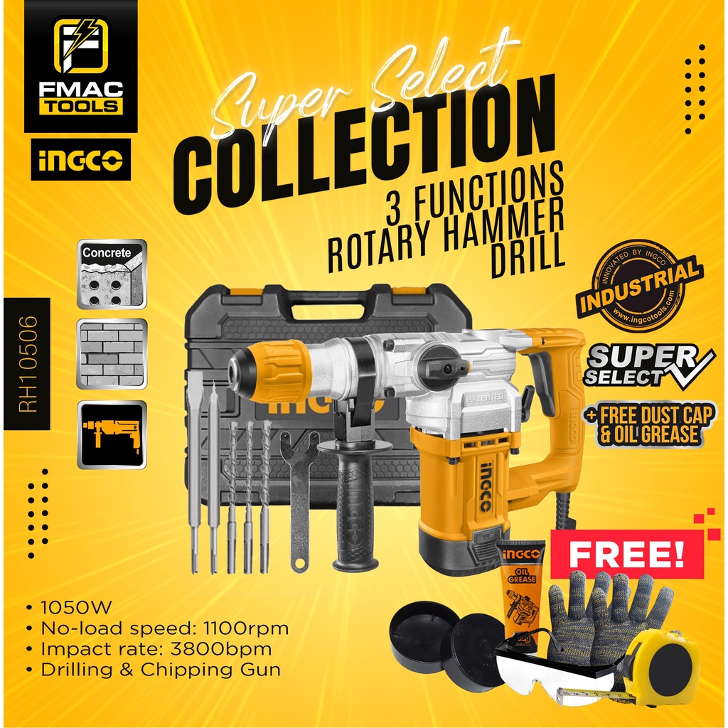 INGCO SUPER SELECT Industrial 3 Functions Rotary Hammer Drill 1050W ...