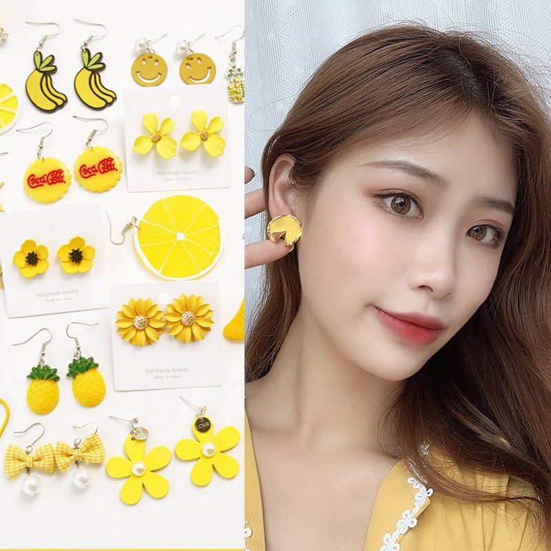 Sweet Lemon Yellow Earrings Collection Hyuna Style Cute Flower Korean ...