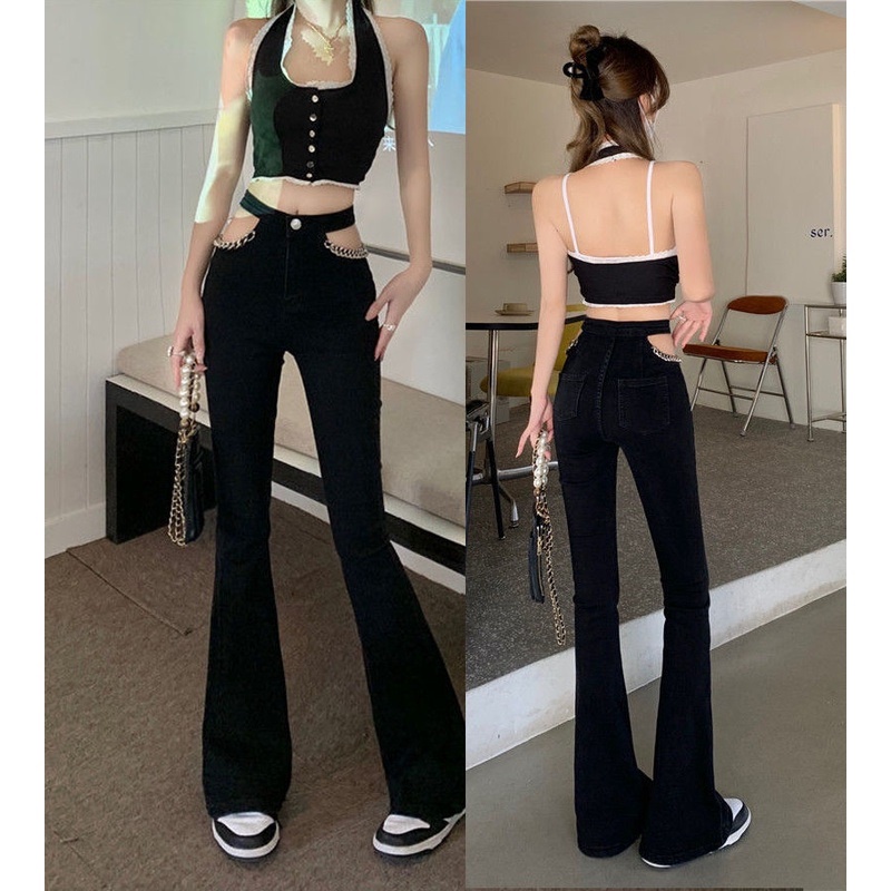 New Black Hollow Slim Chain HighWaist Drape Mopping Flare Boot Cut ...