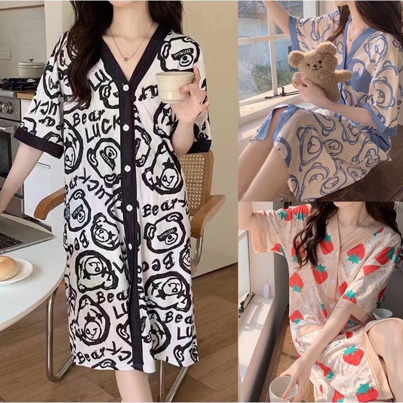Korean style Daster cotton V-neck cardigan fashionable nightgown ...