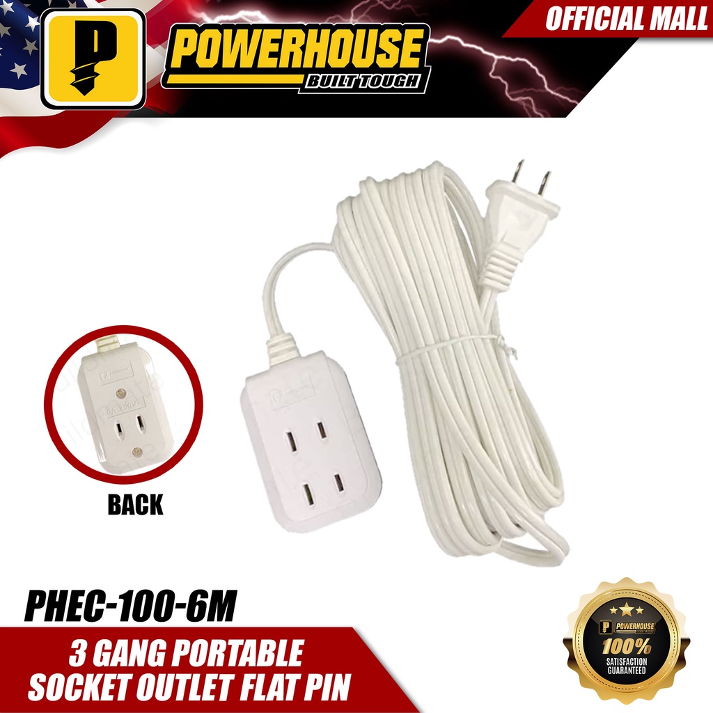 POWERHOUSE Electric Extension Cord 3 gang Portable Socket Outlet Flat ...