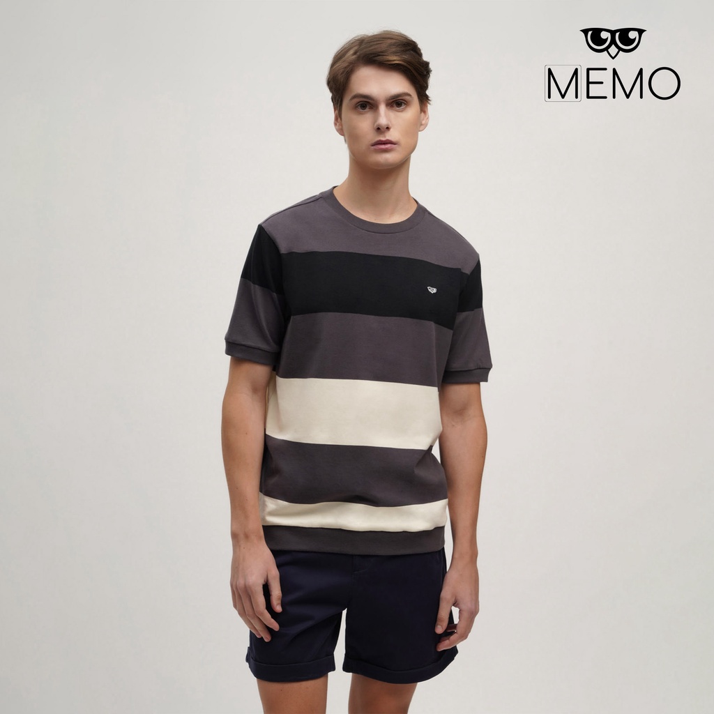 Memo Wide Striped T-Shirt With Hem Band For Men (Blue Stone) | Shopee ...