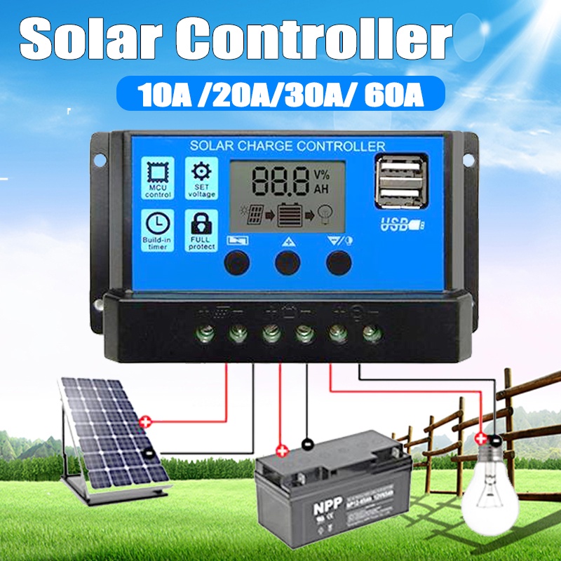 Solar Charge Controller 10/30/50/60a Auto Pwm Controllers Dual USB Output Lcd Display 5v ...
